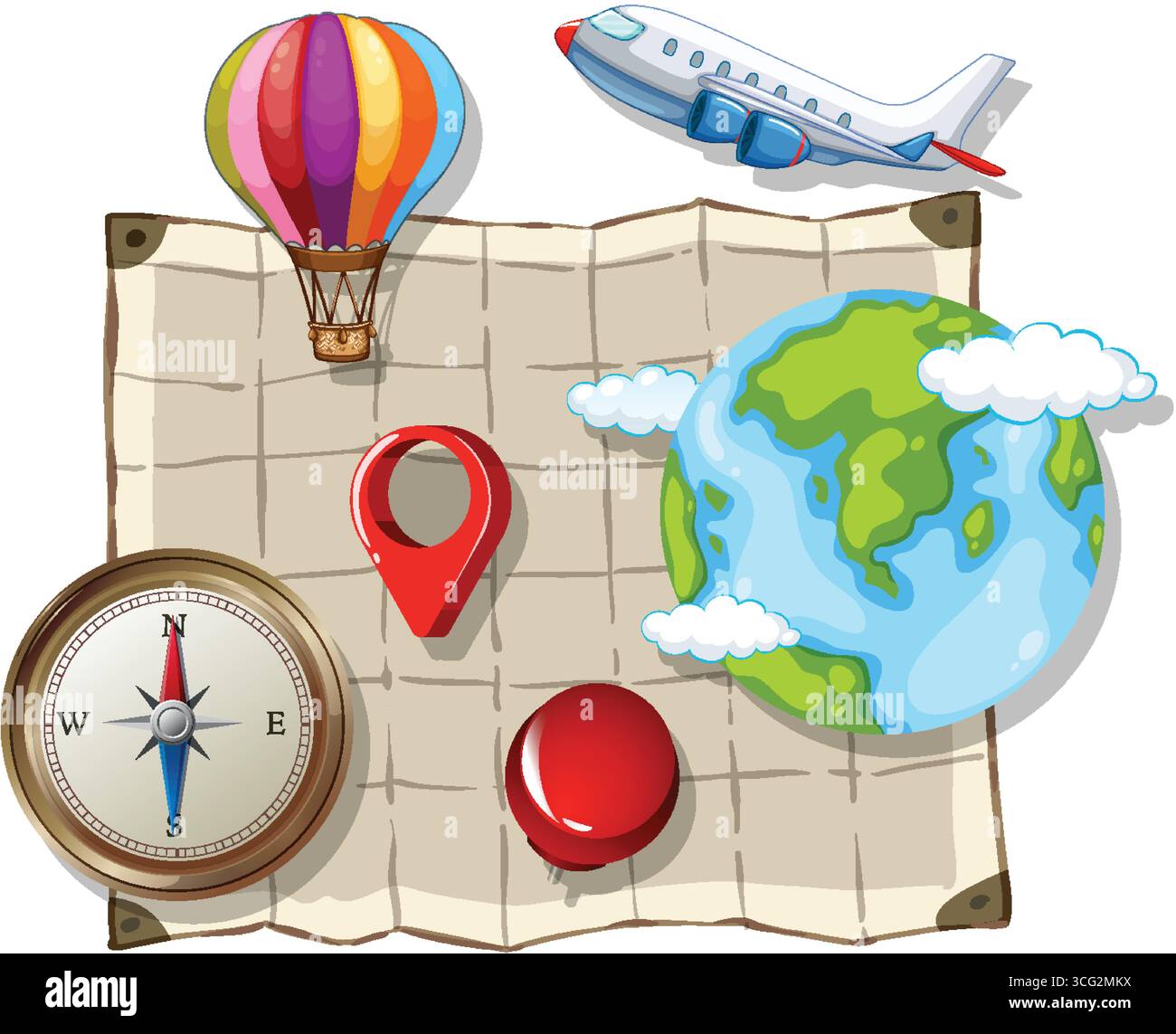 Playful vector map with globe, compass, airplane, hot air balloon, and ...