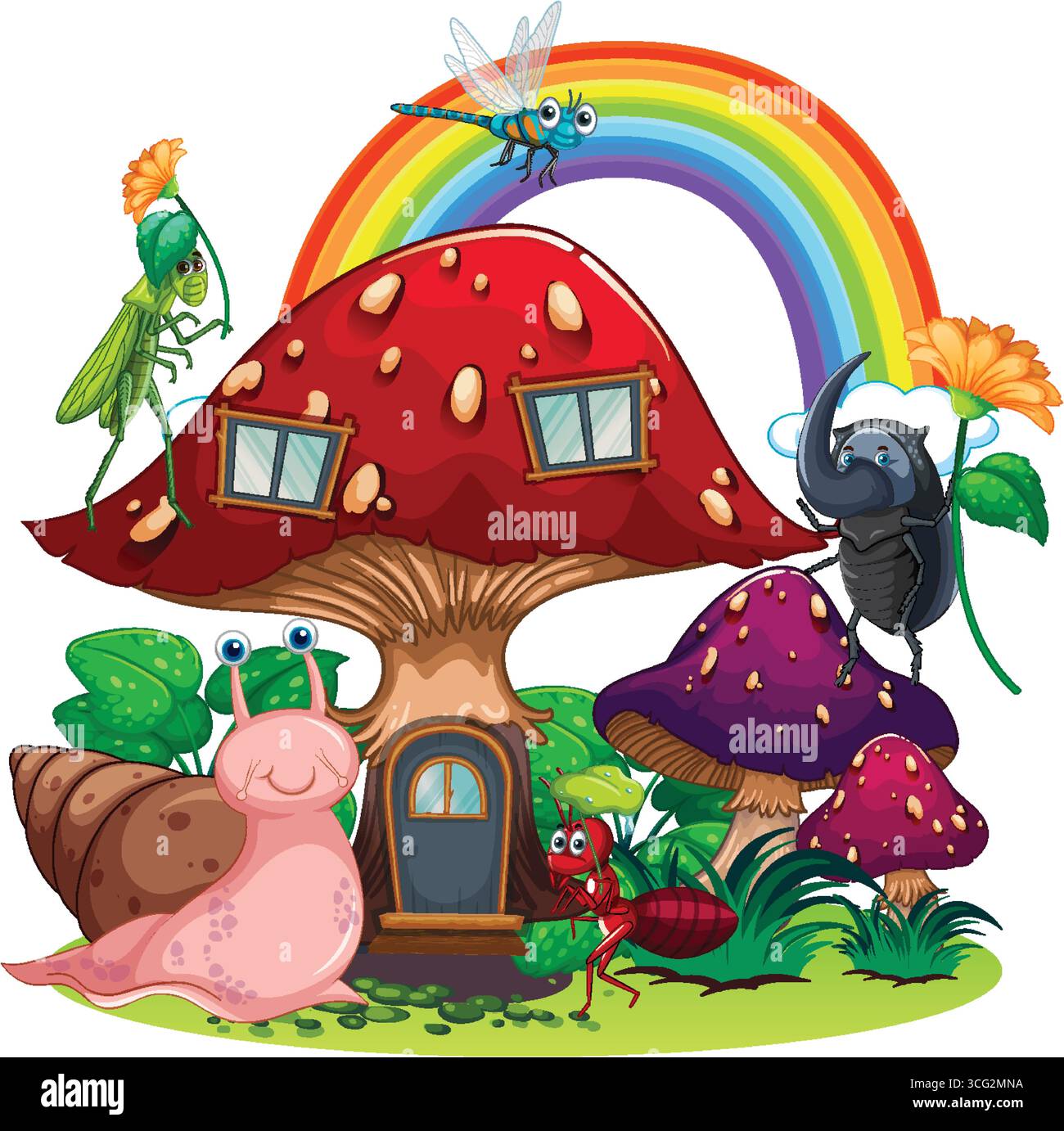 Colorful insects gather at a mushroom house under a vibrant rainbow in ...