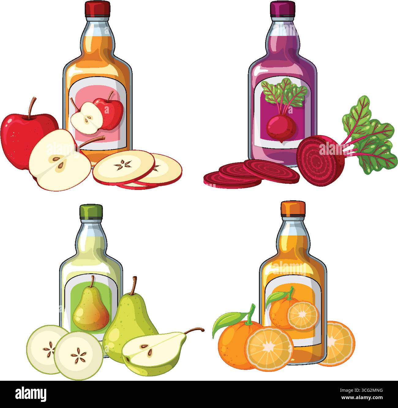 Vector illustration of four glass bottles with assorted fruit and ...