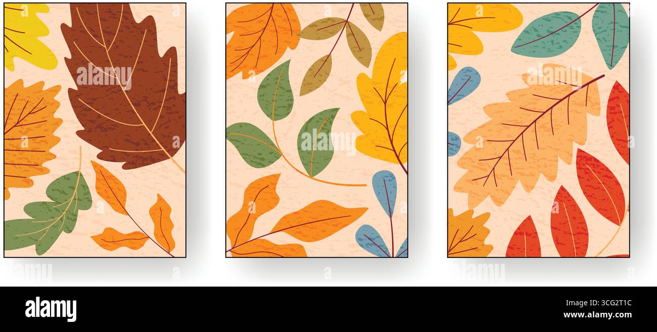 Set of colorful textured autumn posters. Mockups with falling leaves ...