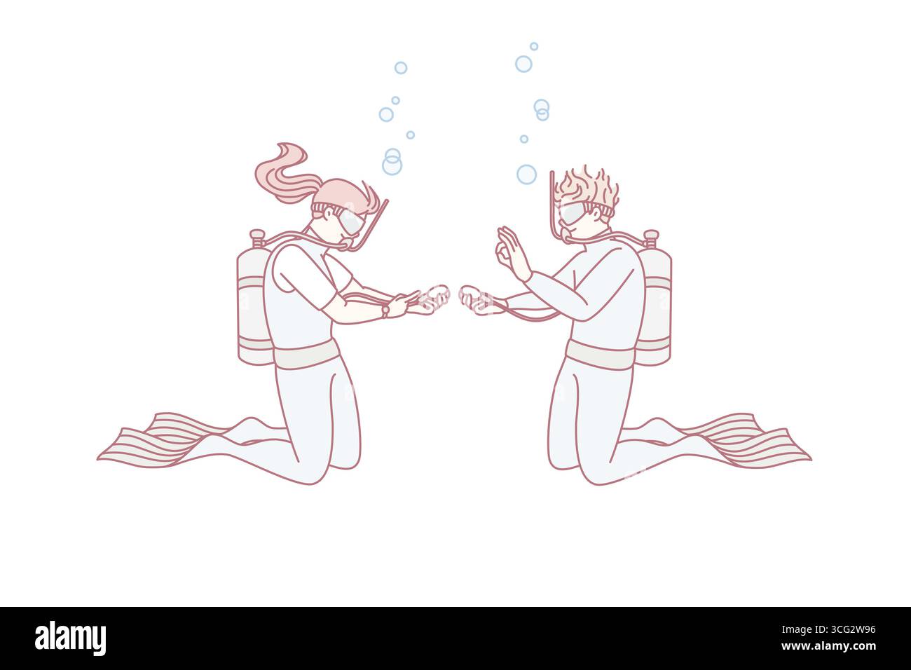 Divers in uniform in swimming pool. Man and woman diving underwater ...