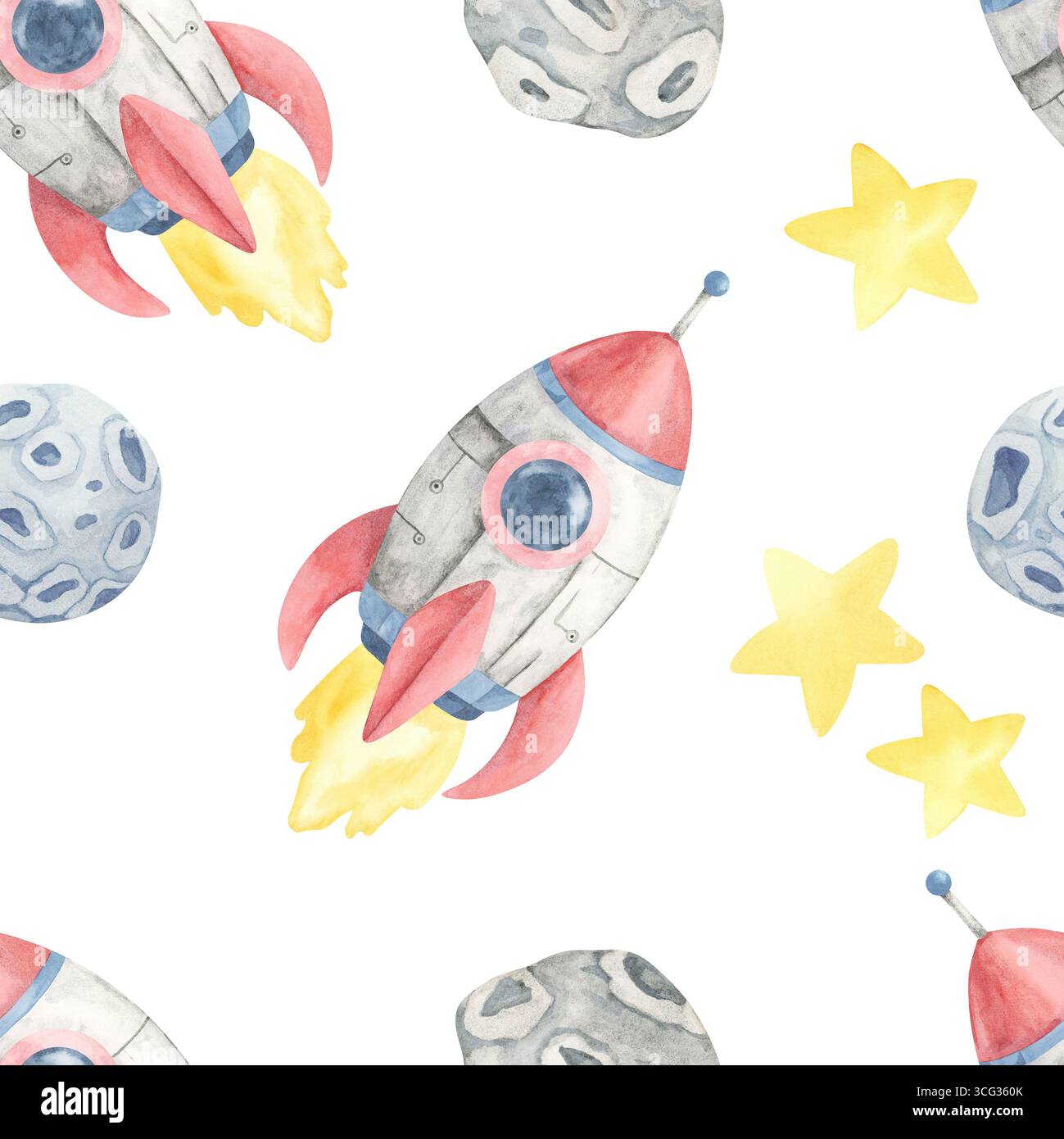 Red and gray rockets, yellow stars, and gray moons in a watercolor ...