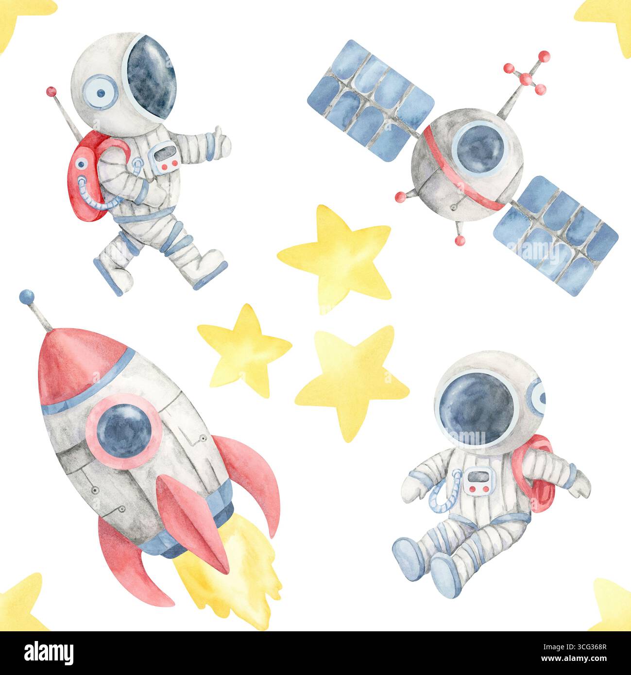 Watercolor clipart seamless pattern with astronauts, rockets, stars ...