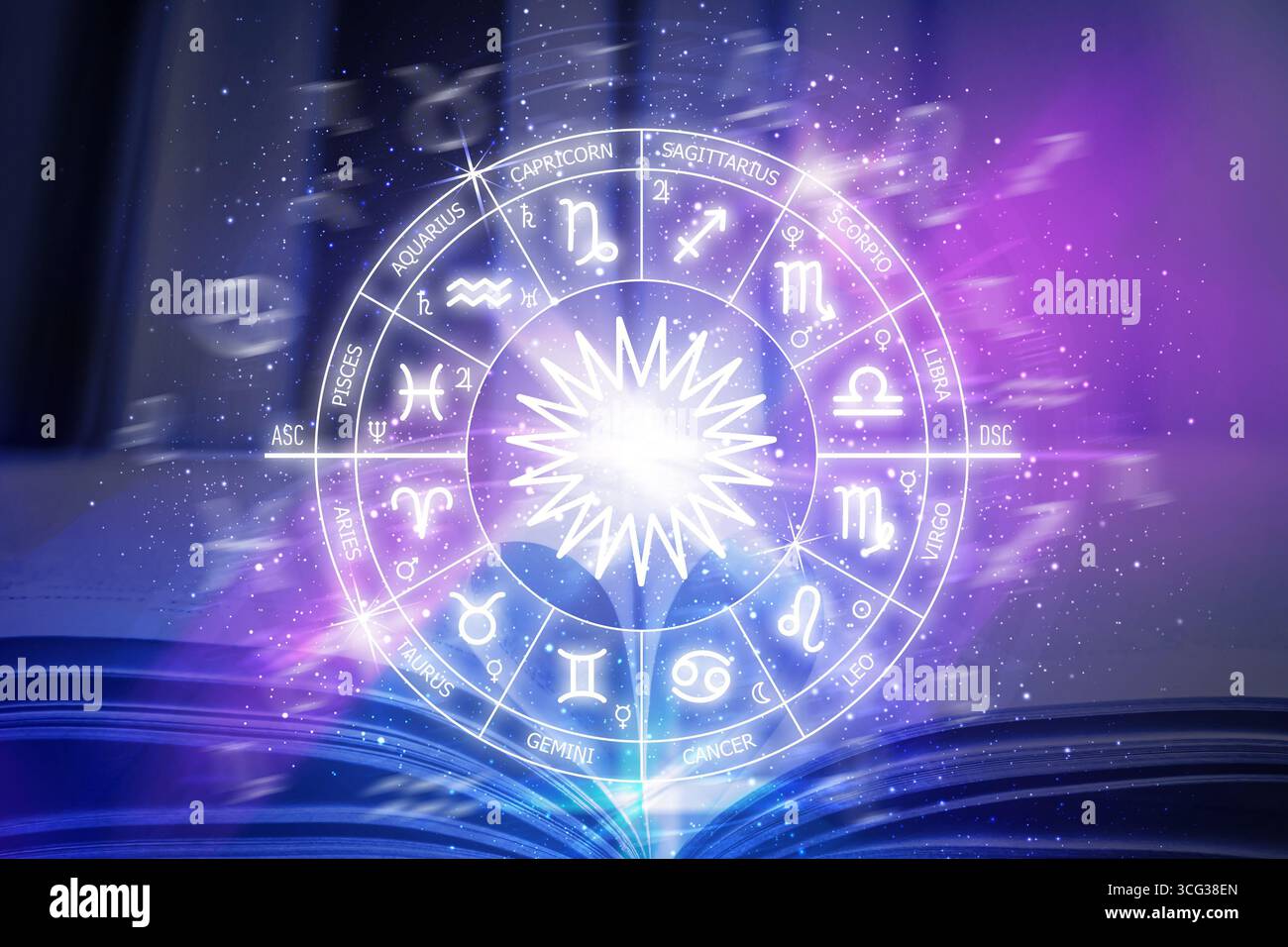 Zodiac circle on the background of space and an open book ...