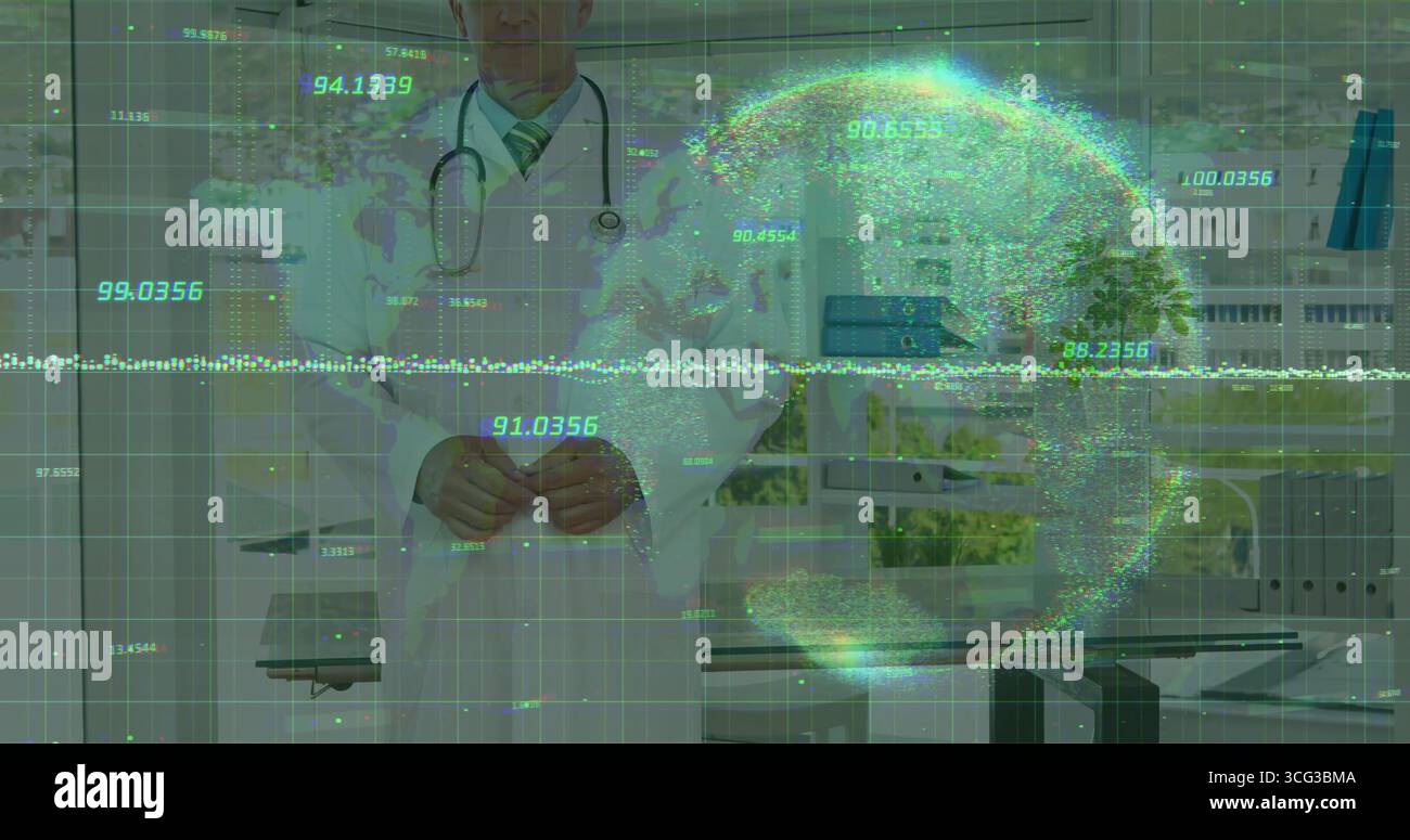 Standing doctor wearing lab coat analyzing data overlays in medical ...