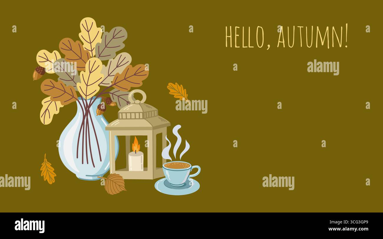 Cozy autumn banner with coffee, candle and vase with branch of oak ...