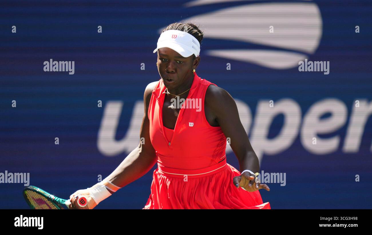 Victoria Mboko, of Canada, during the first round of the US Open tennis ...