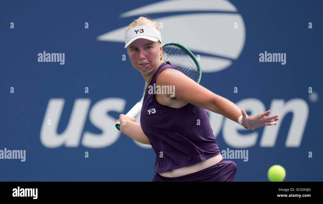 Clara Tauson, of Denmark, during the first round of the US Open tennis ...