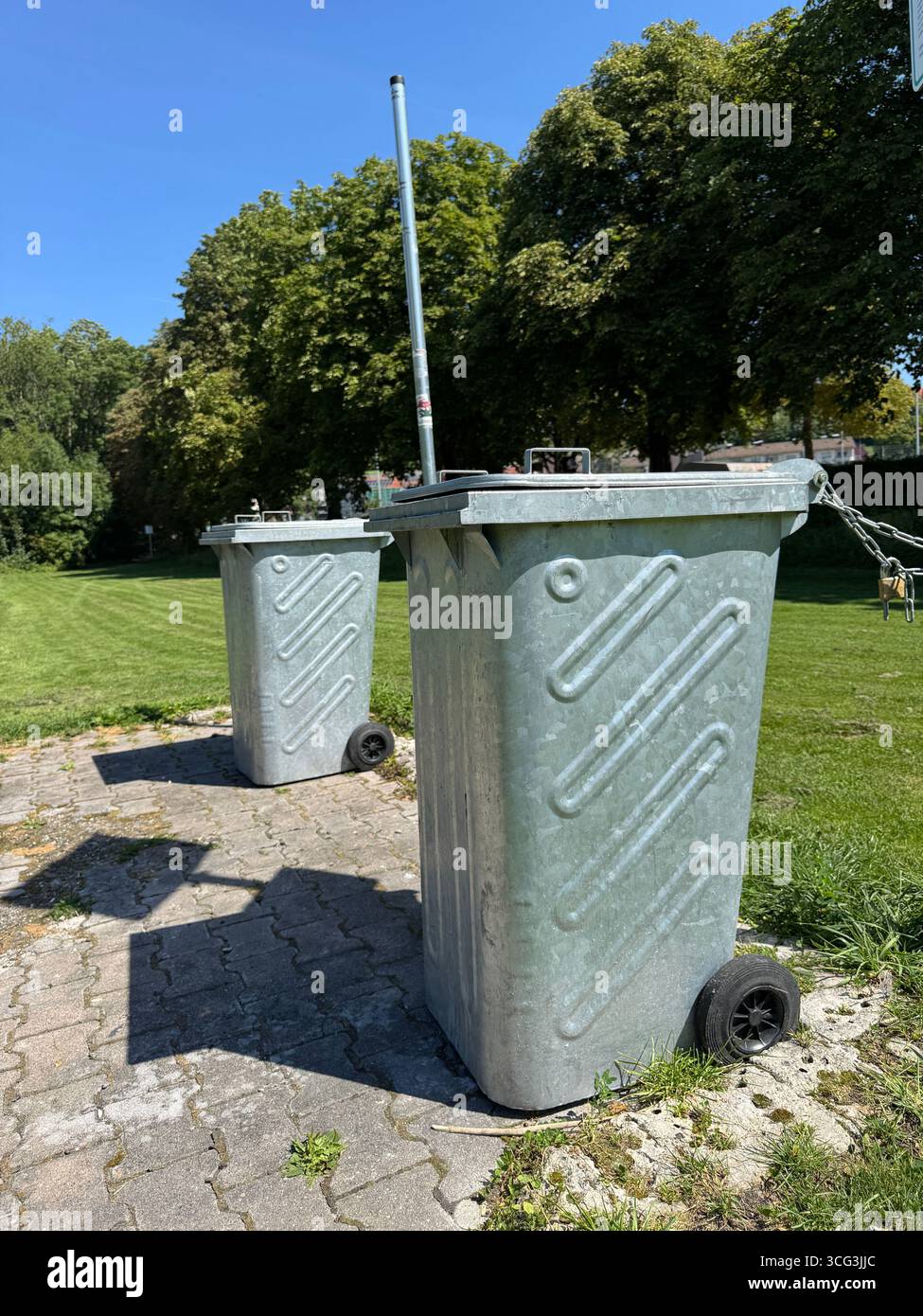 Metal waste bins situated in a sunlit outdoor setting enhance the ...