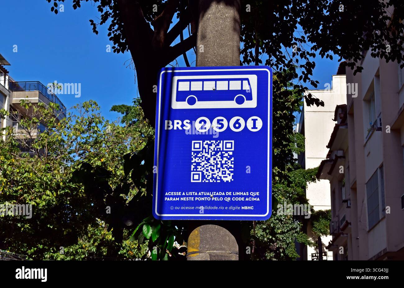 RIO DE JANEIRO, BRAZIL - August 23, 2025: Bus stop sign with QR code in ...