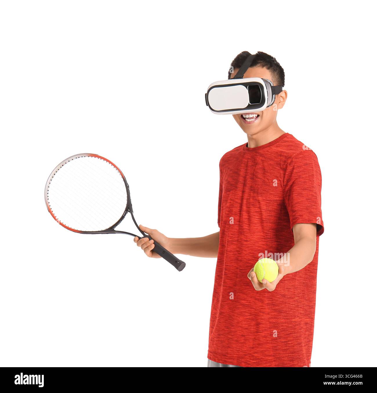 Sporty young Asian man in VR glasses training with tennis racket on ...
