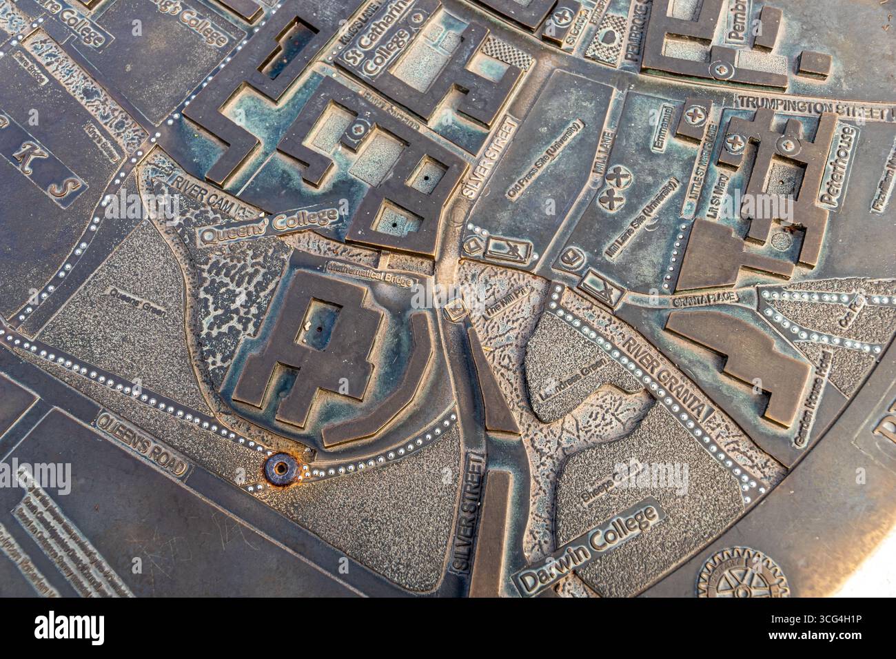 Cambridge, England. Metal tactile model of the historic city center ...