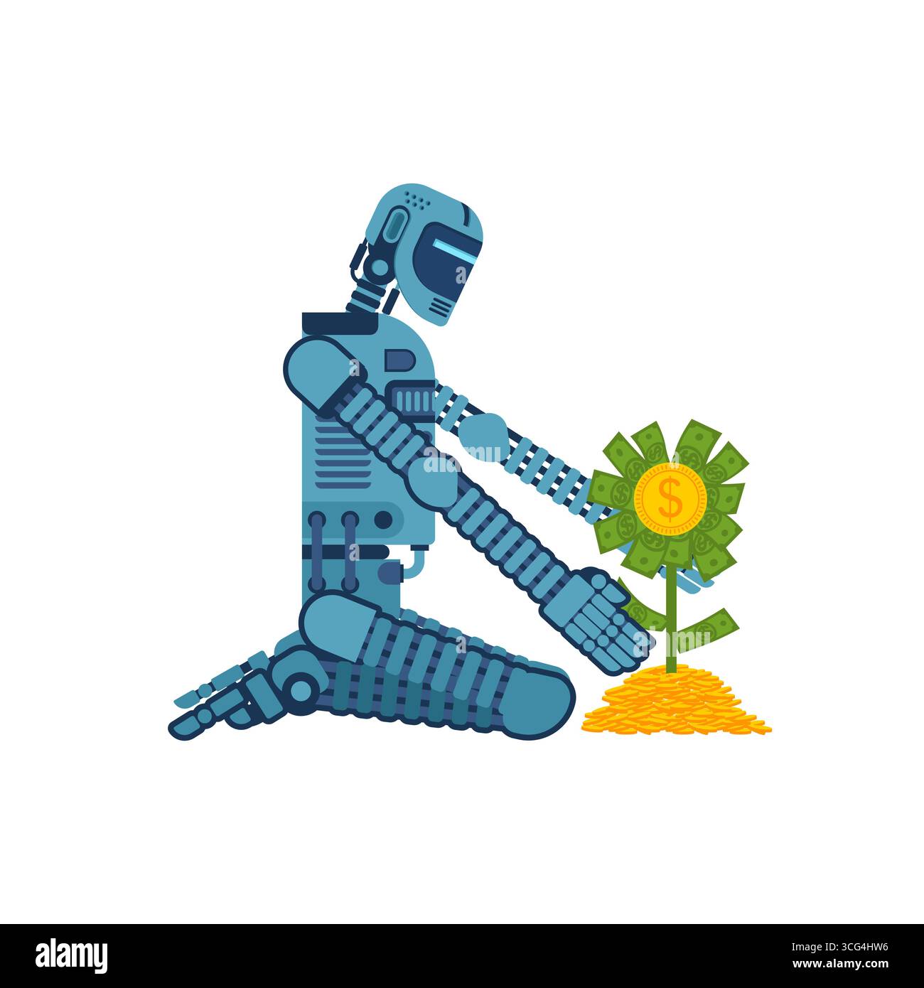 Robot planting a money tree with dollar leaves. Vector illustration ...