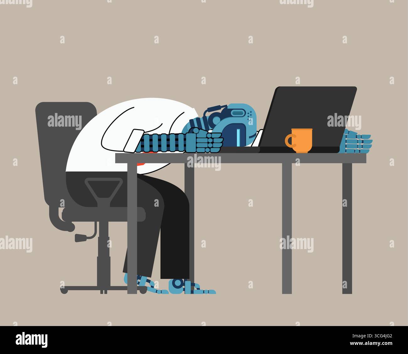 Tired robot sleeping at the desk with laptop and coffee cup. Concept of ...