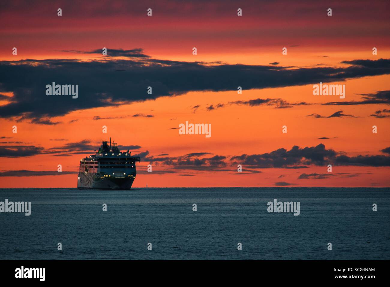 Cruise Ship at Sunset on Open Sea - Scenic Maritime View Stock Photo ...