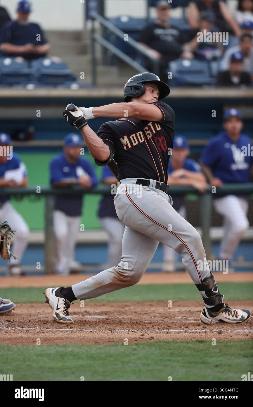 Luke Stevenson (33) of the Modesto Nuts bats against the Rancho ...