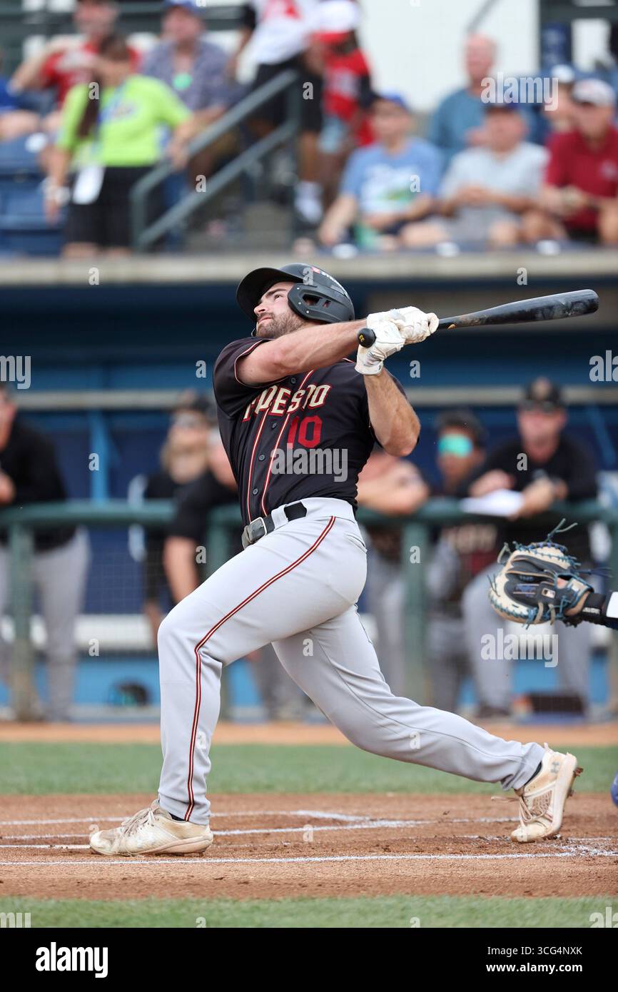 Aiden Taurek (10) of the Modesto Nuts bats against the Rancho Cucamonga ...