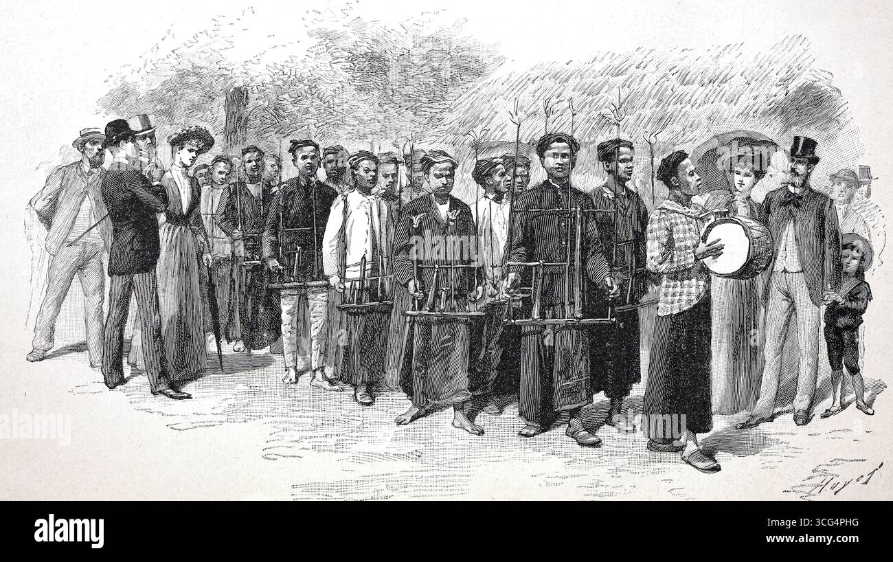 band from Jave on its way to pick up the dancers, 1880, Historical ...