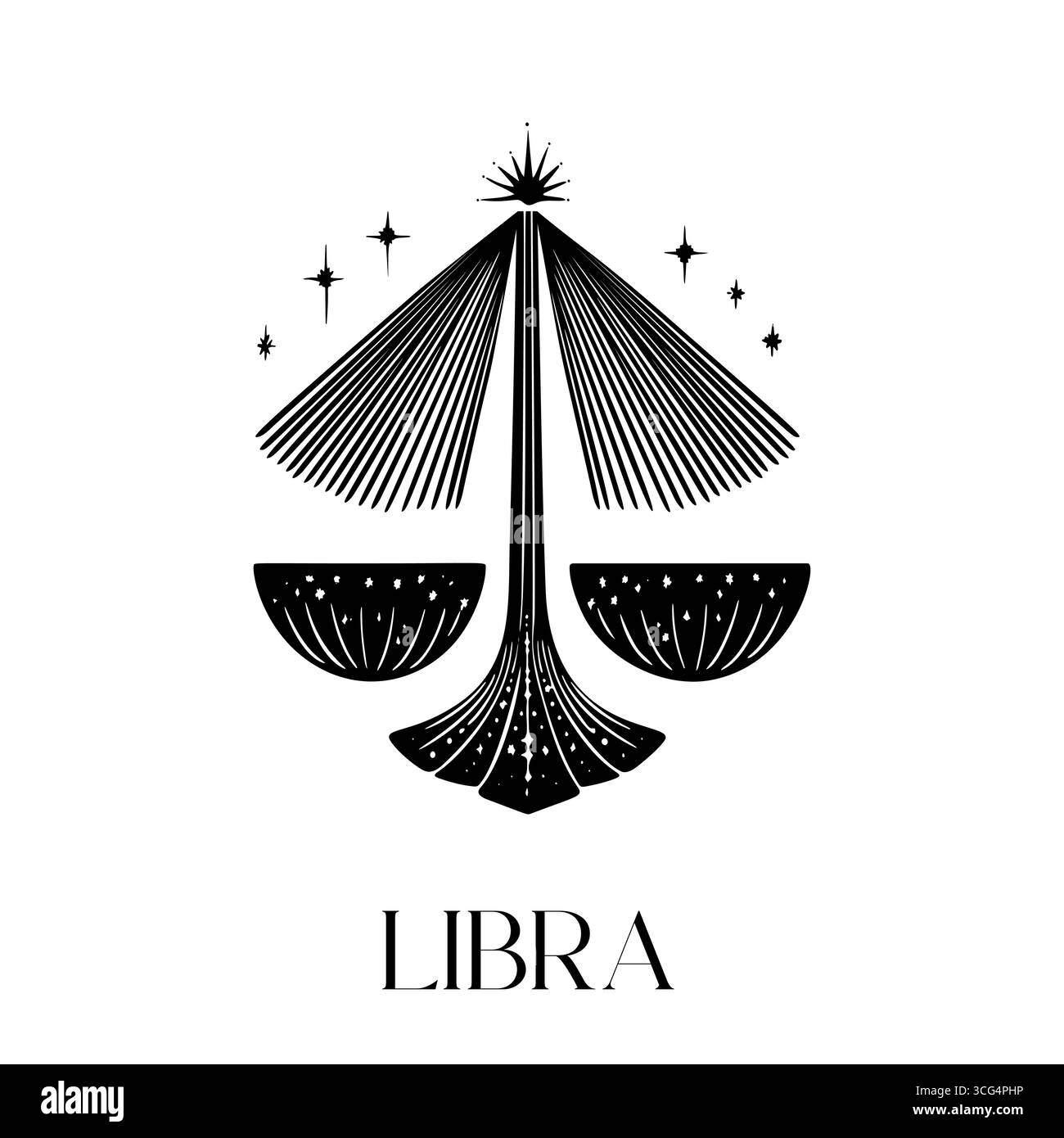 Libra zodiac symbol with scales and stars in minimalist black and white ...