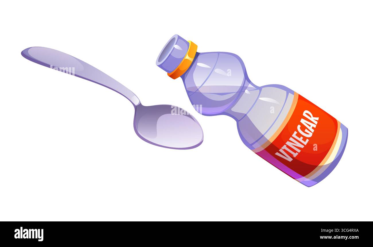 Cartoon plastic vinegar bottle with red label and open cap tilted over ...
