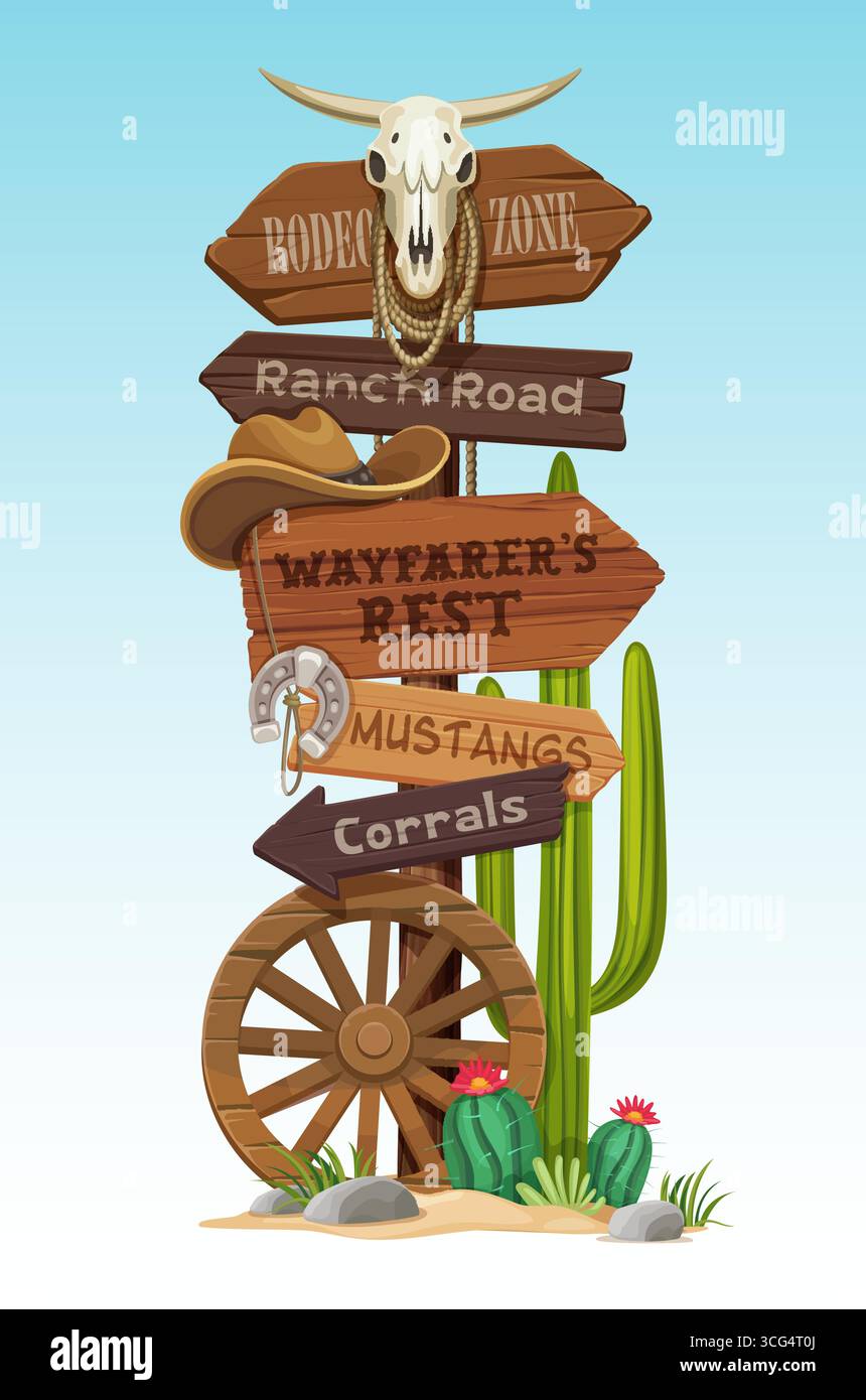 Western signboard, wild west directional sign yard. Cartoon vector ...