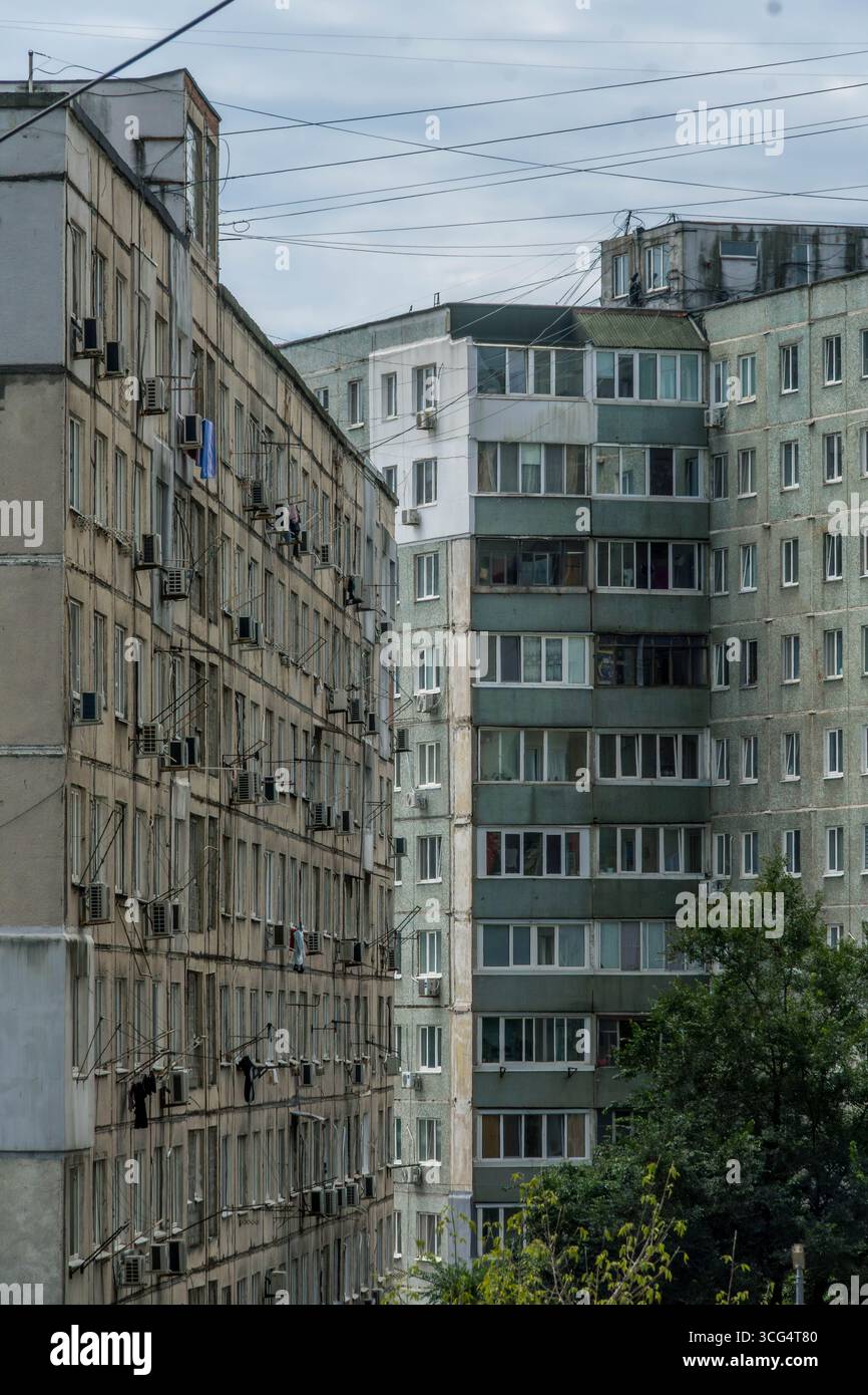 Dense Soviet era apartment blocks in Vladivostok, showcasing typical ...