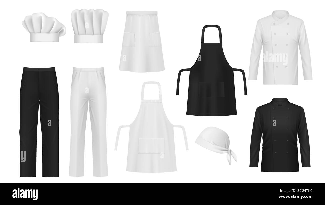 Realistic chef wear and toque hats, vector 3d cook uniform. Black and ...