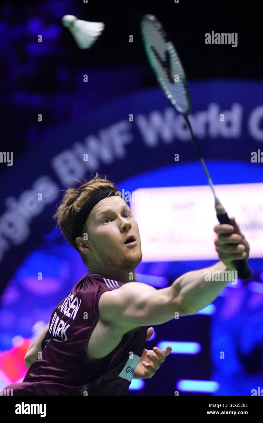 Denmark's Anders Antonsen plays Brazil's Jonathan Matias during the men ...