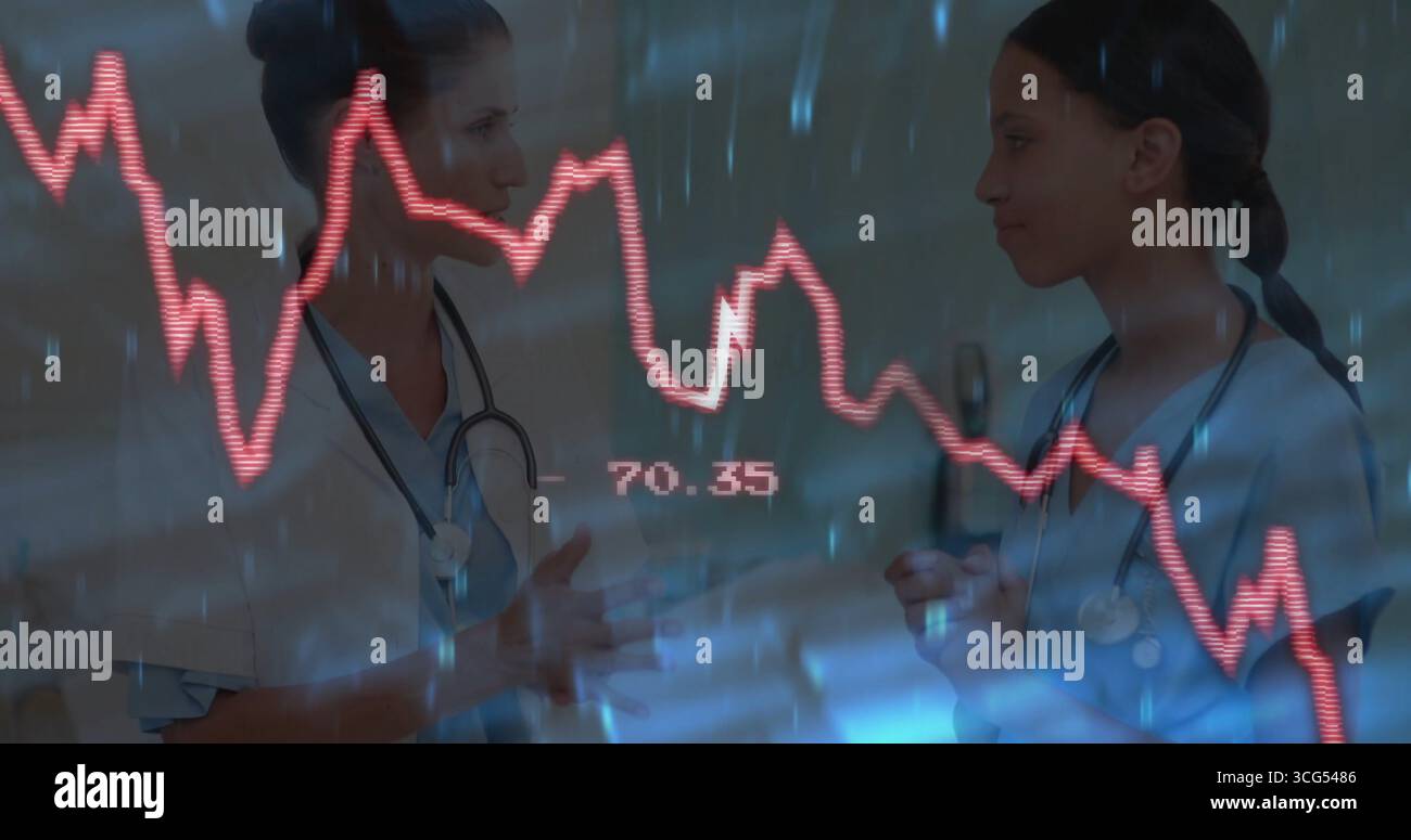 Two nurses in scrubs with stethoscopes discussing red data graph 70 ...