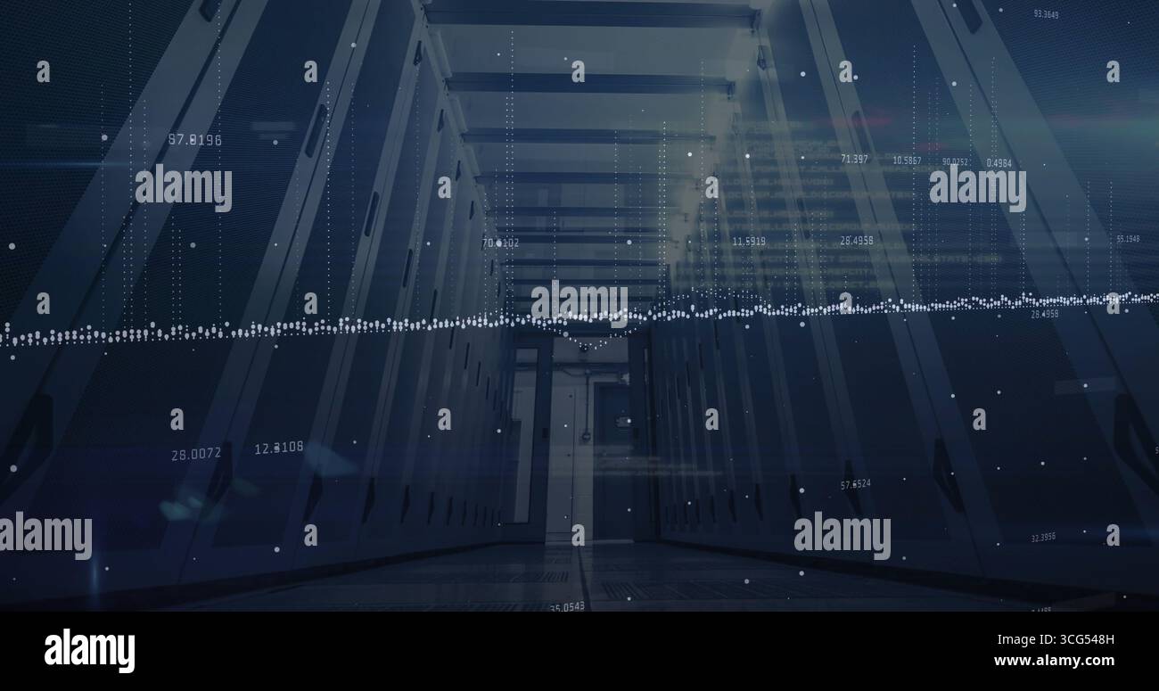 Displaying data center corridor, with server racks and floating numeric data points Stock Photo ...