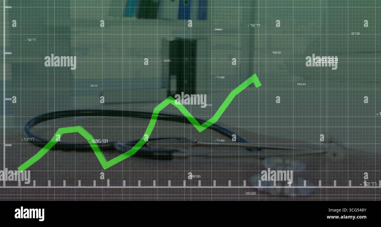 Displaying rising green line chart over grid overlay on medical desk ...