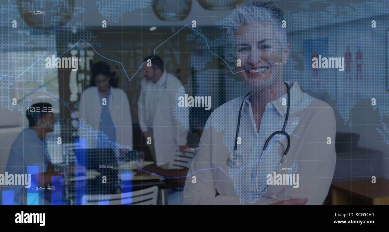 Leading doctor wearing stethoscope guiding team analyzing laptop data ...
