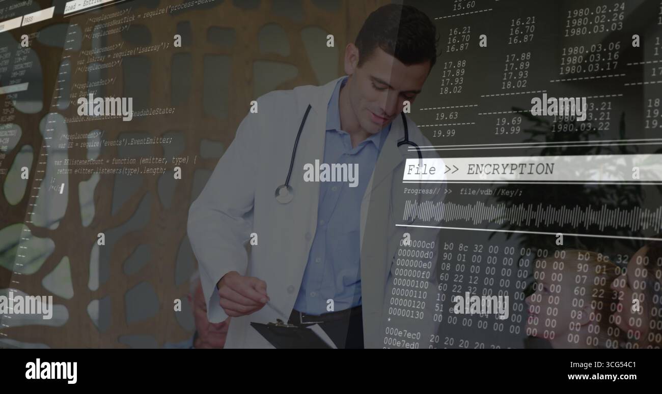 Holding clipboard and pen doctor reviewing encryption code at reception ...