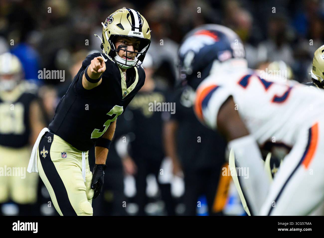 Quarterback Jake Haener #3 of the New Orleans Saints in the second-half ...