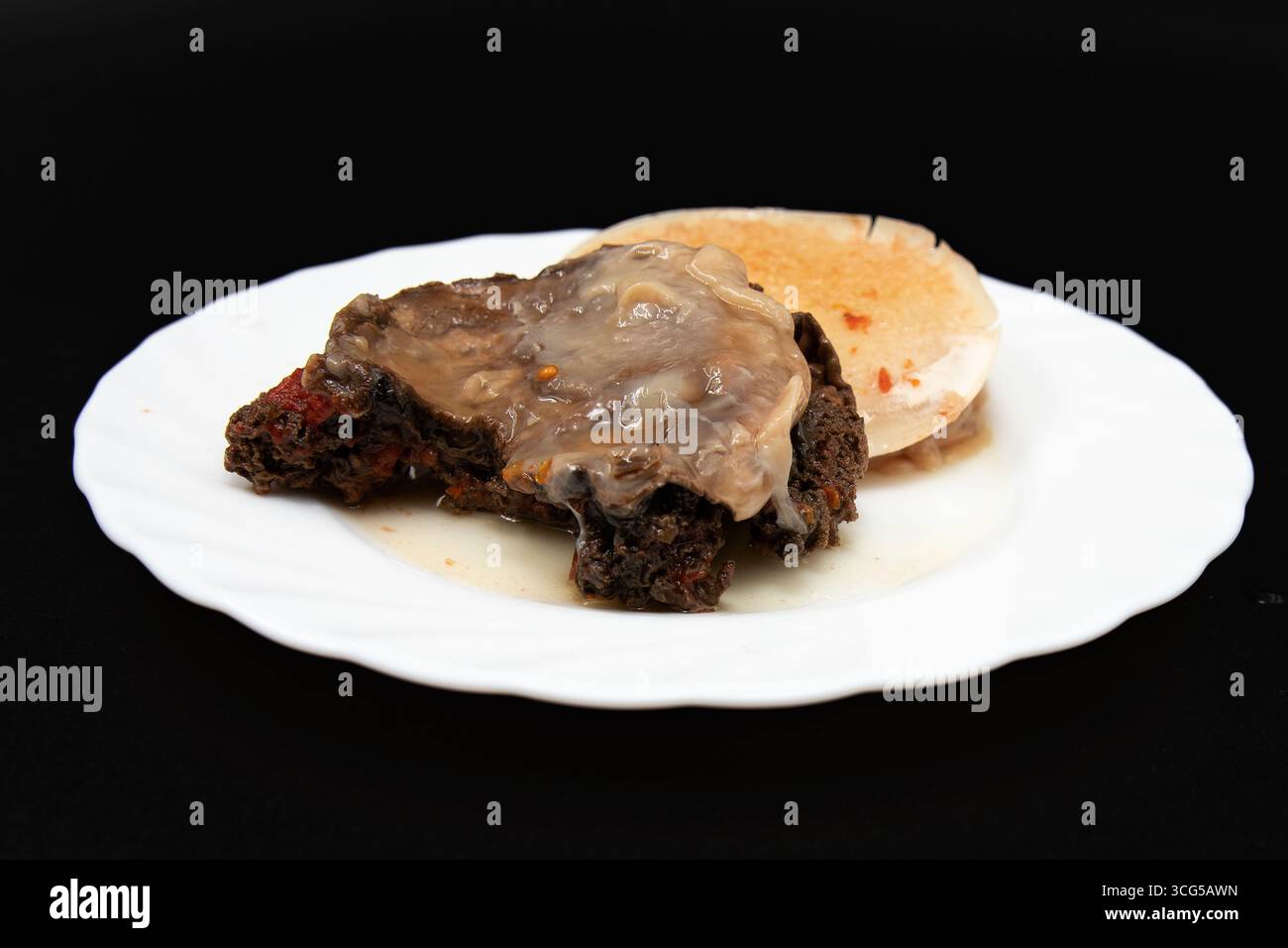 Closeup of fungus growing on spoiled tomato juice piece Concept of food ...