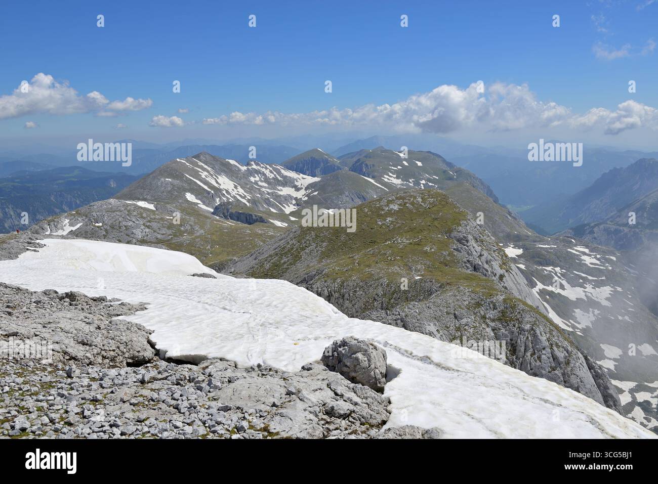 Summit view of an alpine landscape with snow, scree, rocks and ...
