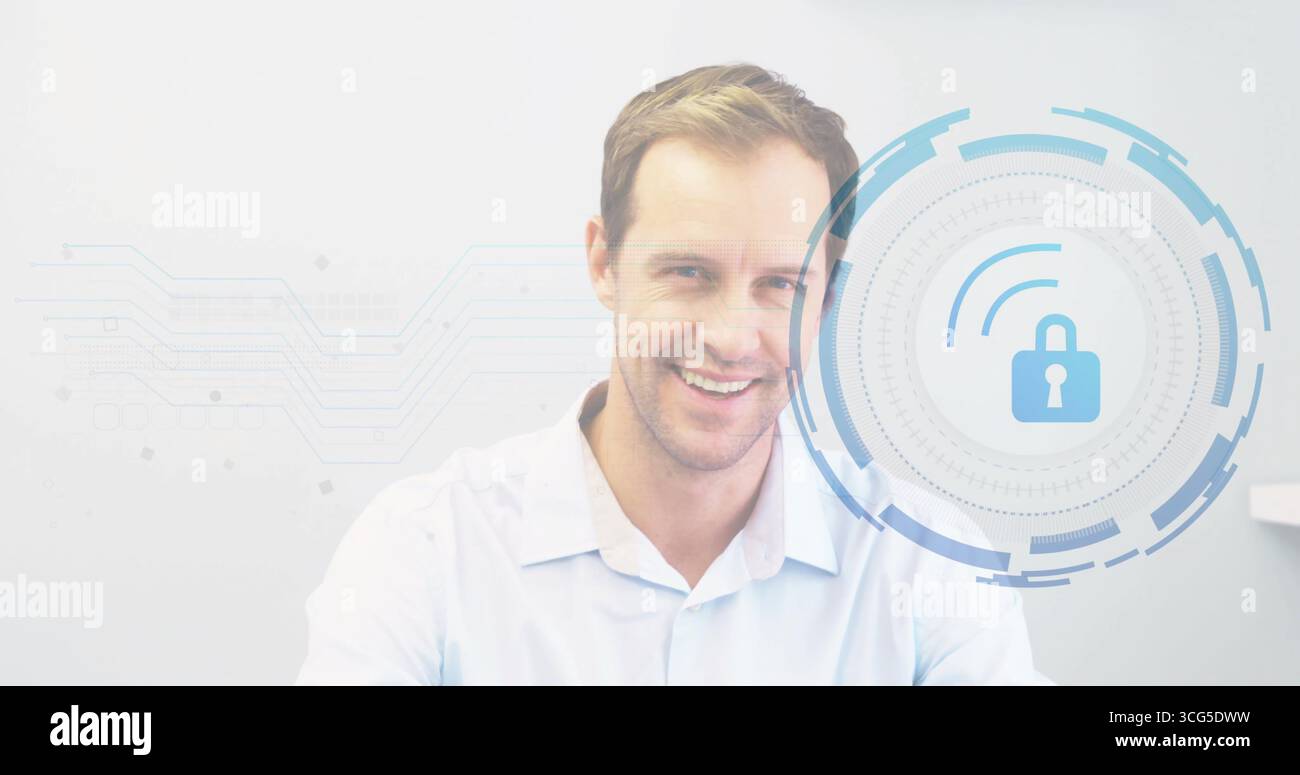 Smiling businessman wearing white shirt showing secure interface in ...