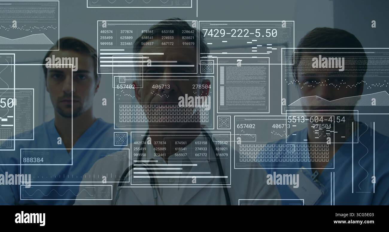 Medical team analyzing translucent data panels in hospital corridor ...
