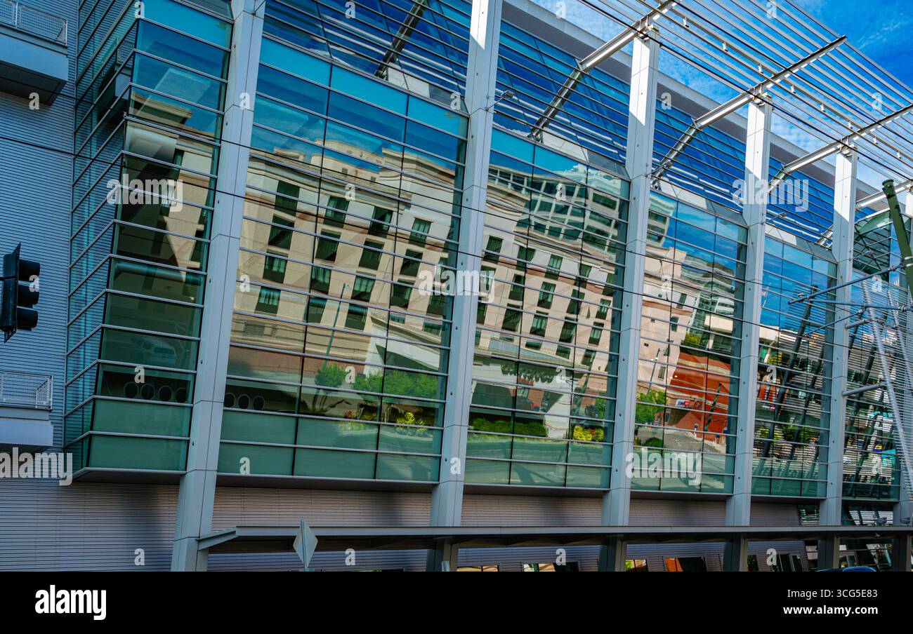 A strong reflection in windows at the Greater Tacoma Convention Center ...
