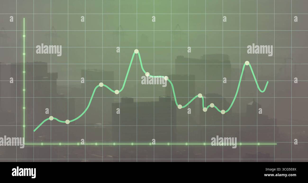 Displaying green grid overlaying hazy city skyline, with line chart ...