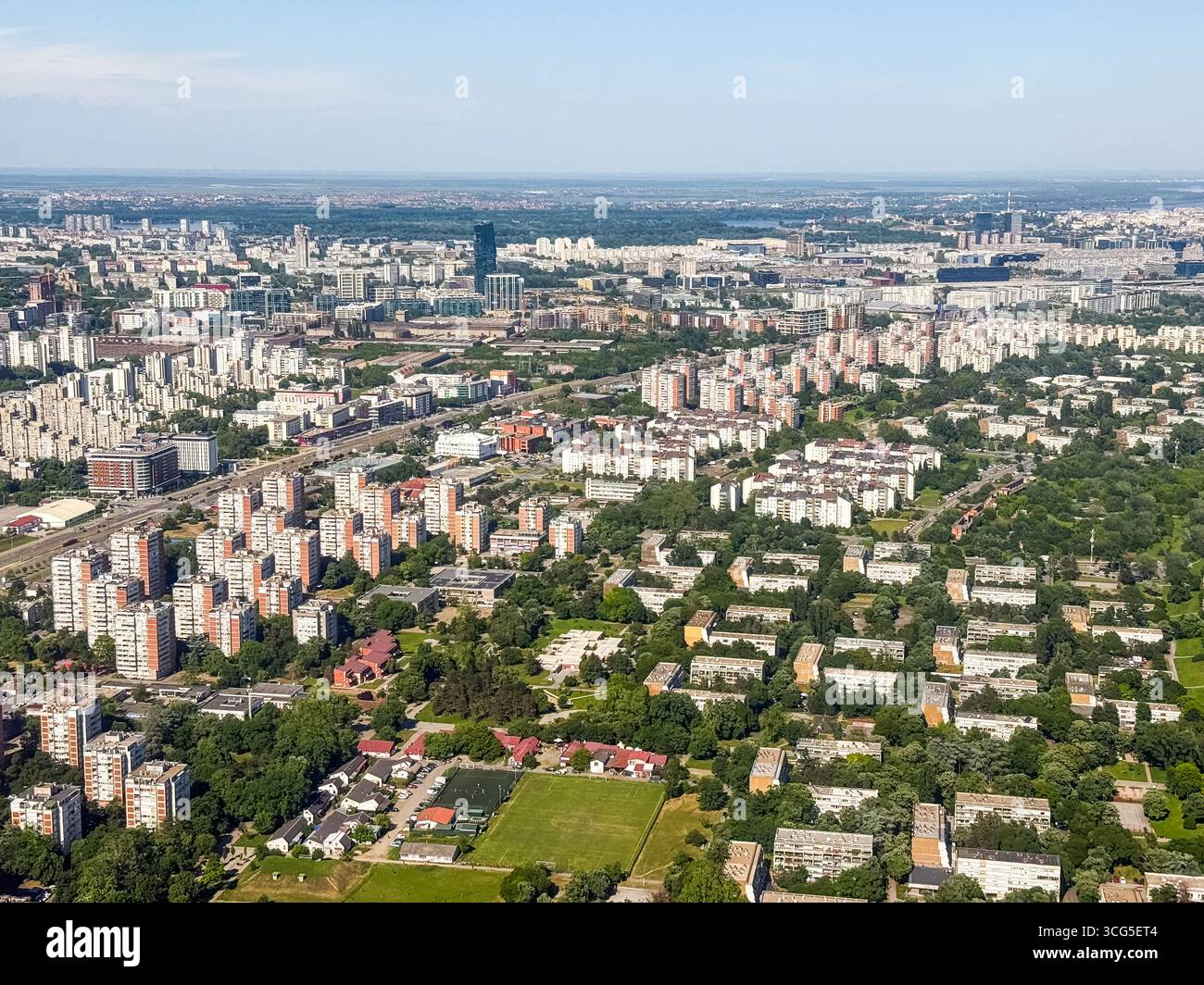 Aerial view of Belgrade residential districts with urban density ...