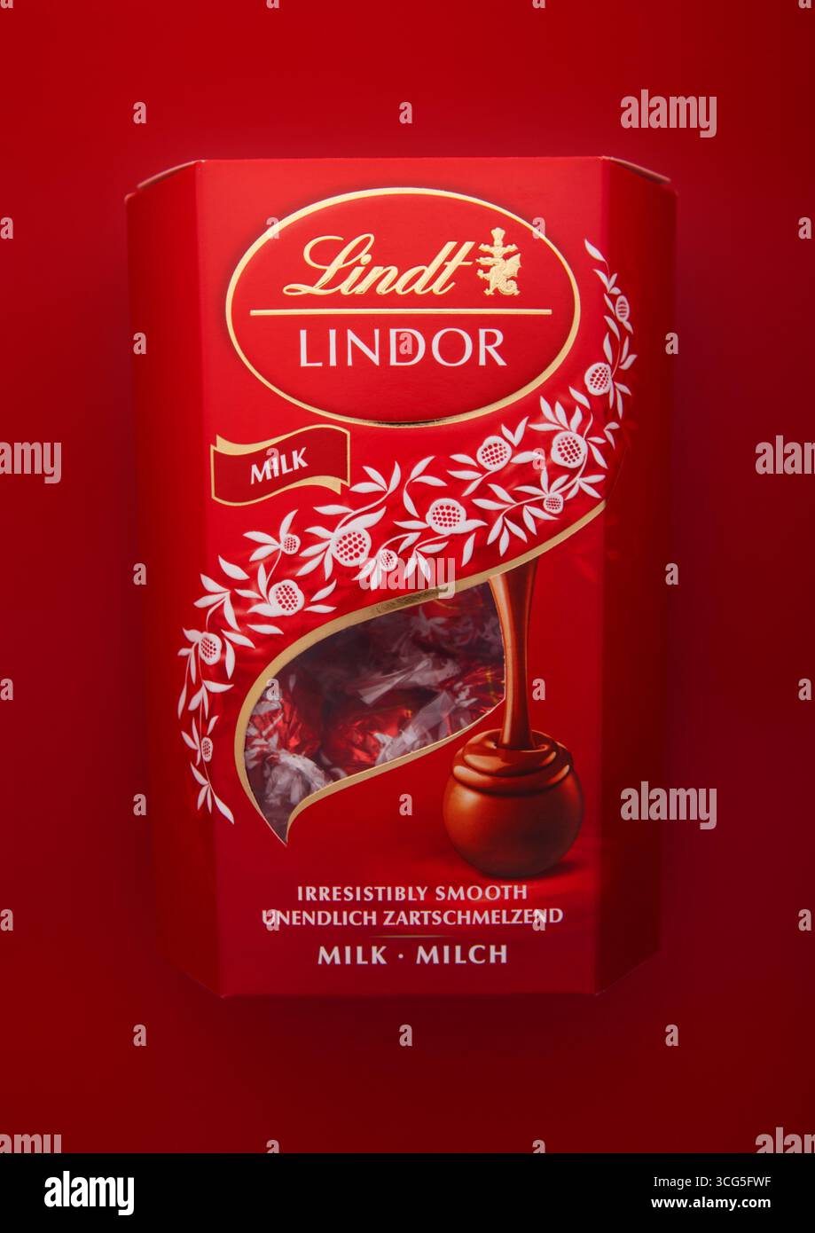LONDON, UK - FEBRUARY 20, 2025: Box of Lindt lindor milk chocolate ...