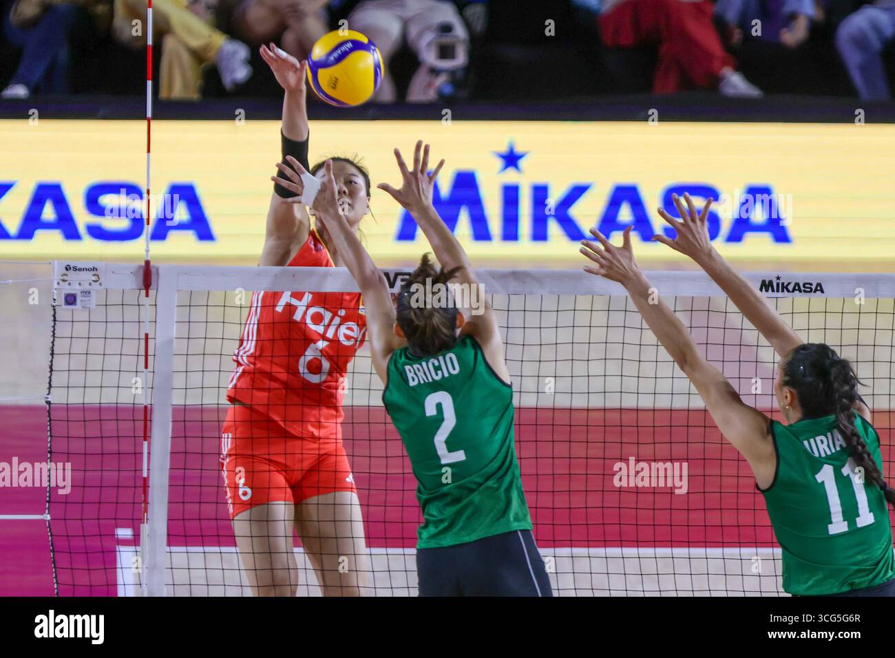 Gong X.Y. of China spikes the ball during the 2025 Women's Volleyball World Championships pool ...