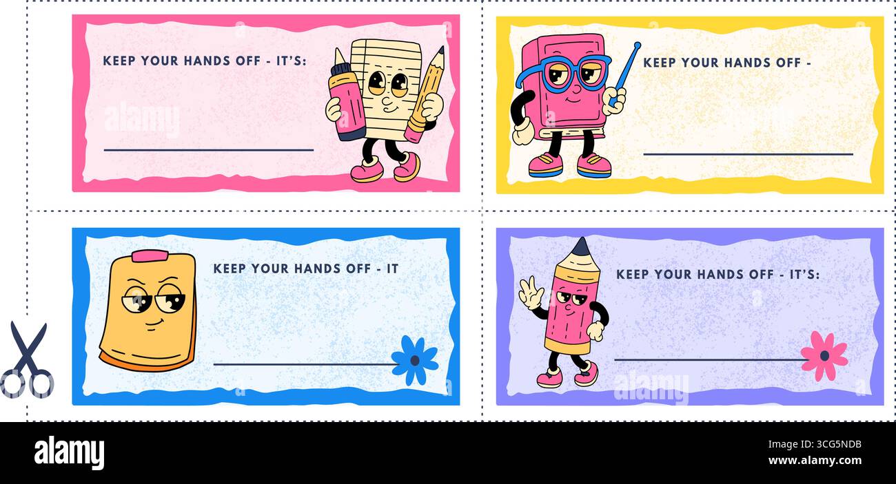 School Tag Label Sticker Vector Set Mascot Characters Book Pencil ...