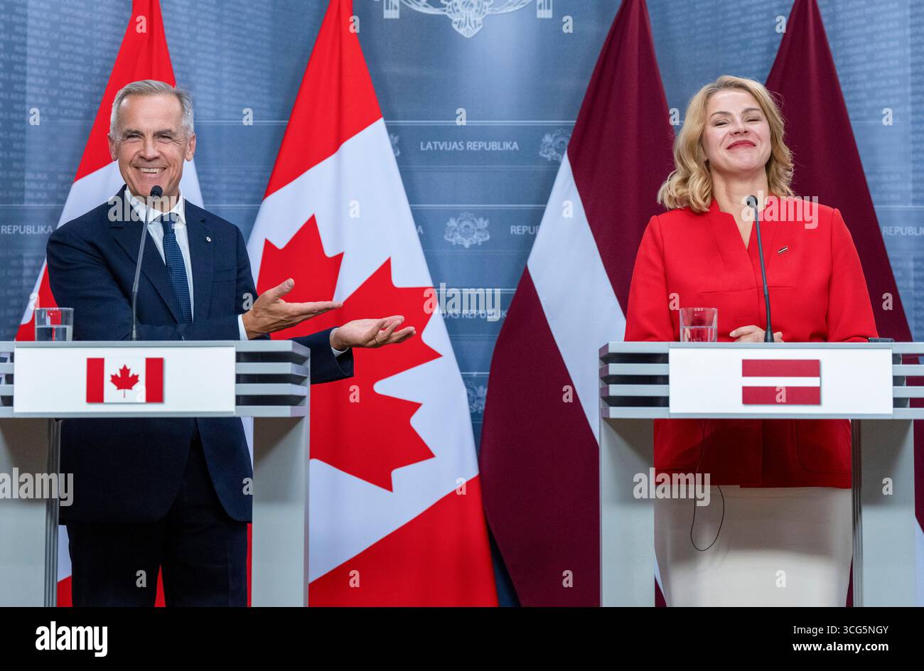 Prime Minister Mark Carney and Latvian Prime Minister Evika Silina hold ...