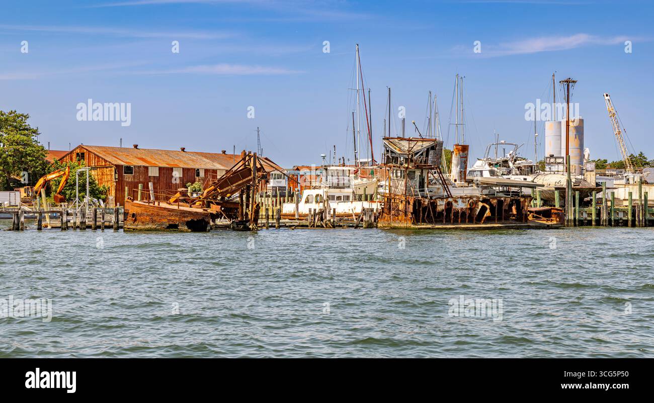 the greenport yacht and ship building docks from the water Stock Photo ...