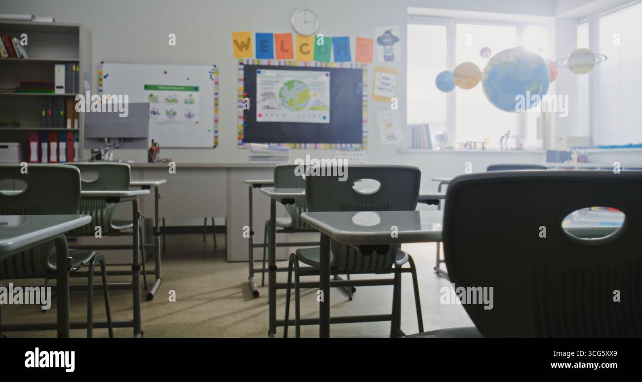 Interior of Modern Empty Elementary School Classroom with Desks for ...
