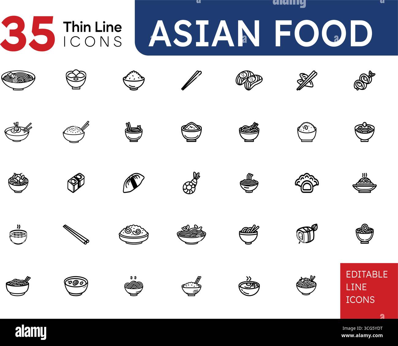 Asian Food Thin Line Icons Set – 35 Editable Vector Symbols of Sushi ...
