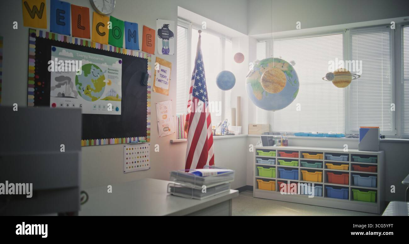 American Elementary School: Interior of Empty Classroom with Desks for ...