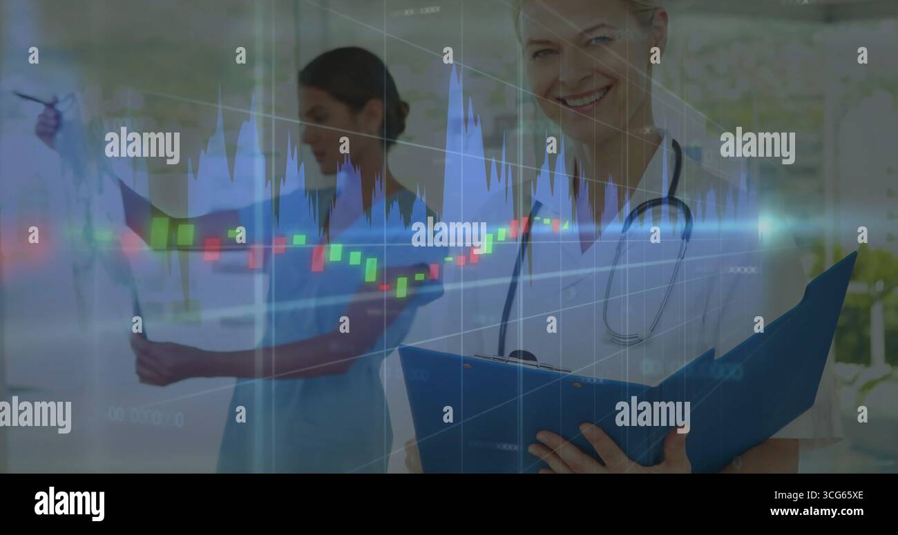 Analyzing candlestick overlay, doctor holding folder, nurse reading X ...